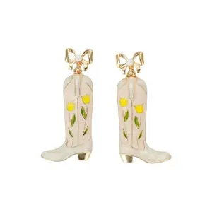 PACKED PARTY Yellow Daisy Cowboy Boot Earringshypoallergenic Gold-tone Bow Post With Enamel Florals And Pearl Accents - White