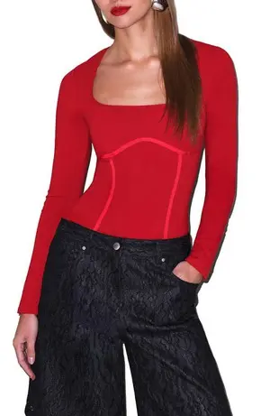 FLEUR DU MAL Scoop Neck Long Sleeve Bodysuit - Rouge