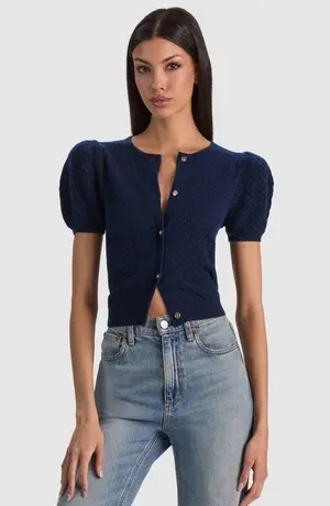 Alice + Olivia Sabine Pointelle Puff Sleeve Cardigan