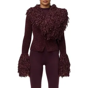Naked Wardrobe Loop Fringe Ribbed Cardigan - Plum