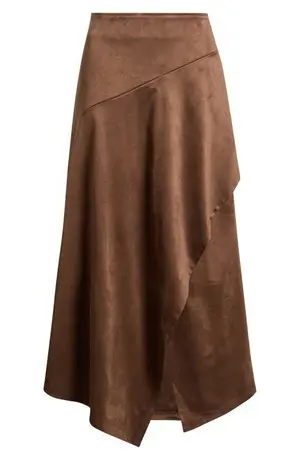CITY BLUES Faux Suede Asymmetric Midi Dress - Brown