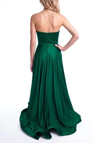 JESSICA ANGEL Strapless Ruched Sweetheart Side Slit Evening Gown - Forest Green