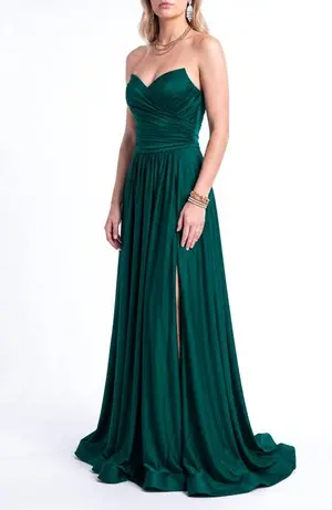 JESSICA ANGEL Strapless Ruched Sweetheart Side Slit Evening Gown - Forest Green