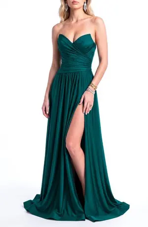 JESSICA ANGEL Strapless Ruched Sweetheart Side Slit Evening Gown - Forest Green
