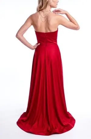 JESSICA ANGEL Strapless Ruched Sweetheart Side Slit Evening Gown - Red