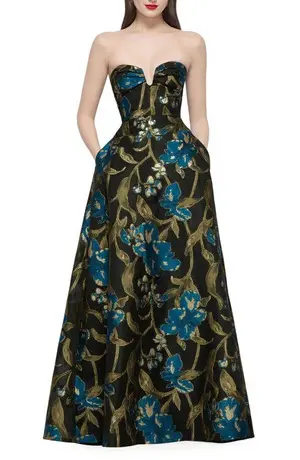 Dessy Collection Veronica Floral Print Strapless Gown - Peacock Blue Multi