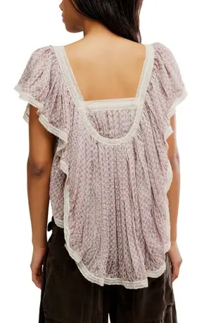 Free People Clara Lace Detail Flutter Sleeve Top