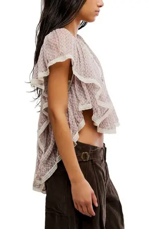 Free People Clara Lace Detail Flutter Sleeve Top