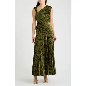HUTCH Ester Ruched Velvet Gown - Olive