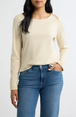 CITY BLUES Lace Cuff Knit Top Parchment