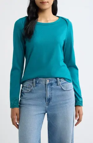 CITY BLUES Lace Cuff Knit Top - Teal
