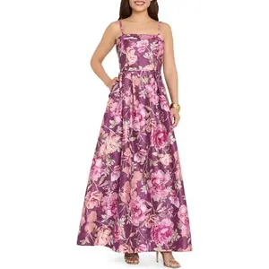 TAHARI ASL Floral Jacquard Sleeveless Satin Gown - Plum Multi