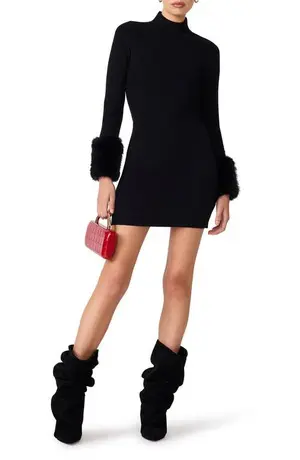 Steve Madden Riello Long Sleeve Faux Fur Trim Sheath Dress - Black