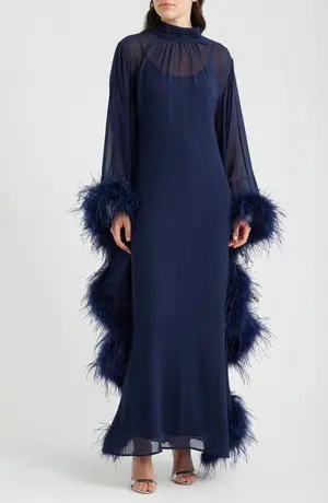 HUTCH Sheer Feather Trim Dress - Midnight