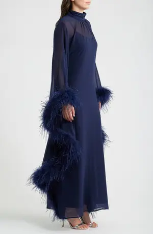 HUTCH Sheer Feather Trim Dress