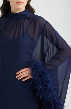 HUTCH Sheer Feather Trim Dress