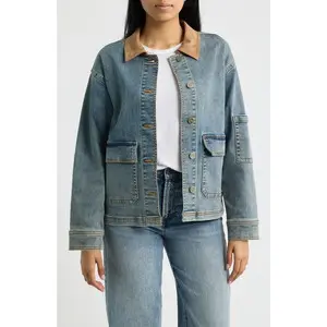 CITY BLUES Faux Suede Collar Denim Jacket - Indigo