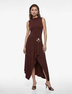 Koton Sleeveless High Neck Draped Midi Dress With Accessory Detail - Brown