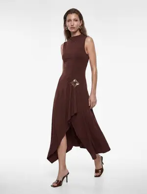 Koton Sleeveless High Neck Draped Midi Dress With Accessory Detail