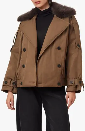 Habitual Faux Fur Collar Trench Jacket - Teak