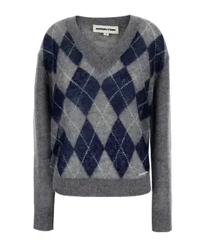 SHUSHU/TONG Argyle V-neck Knitted Sweater - Grey