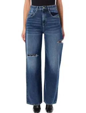 ICON DENIM LOS ANGELES High-waist Distressed Wide-leg Jeans - Mid Dark Blue