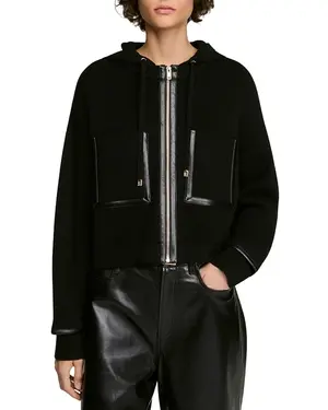 Sandro Arlo Hooded Leather Trim Cardigan