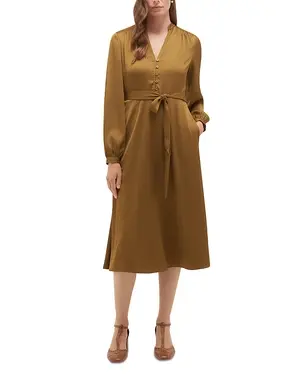 HOBBS LONDON Petites Katia Button Placket Tie Waist Dress - Khaki