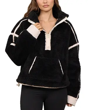 Vintage Havana Contrast Binding Sherpa Quarter Zip Jacket - Black