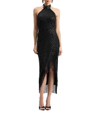 Avec Les Filles Embellished Fringe Hem Halter Midi Dress