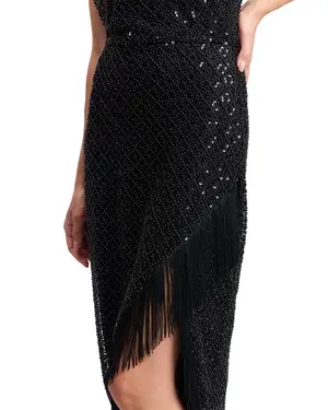 Avec Les Filles Embellished Fringe Hem Halter Midi Dress
