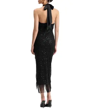 Avec Les Filles Embellished Fringe Hem Halter Midi Dress