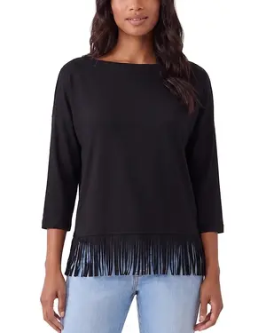 Karen Kane Boat Neck Fringe Trim Top Black
