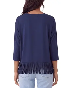 Karen Kane Boat Neck Fringe Trim Top - Navy