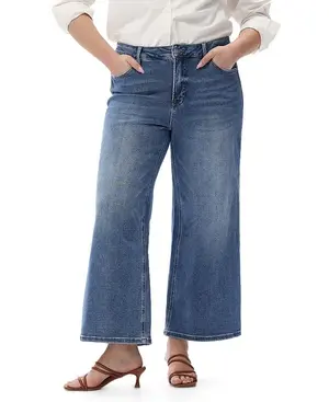 BAYEAS Plus Mid Rise Wide Leg Jeans Highly Stretchy Classic Denim For - Medium Blue