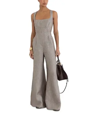 REISS Flora Linen Square Neck Wide Leg Jumpsuit - Neutral