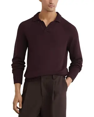REISS Ashdown Cotton Open Collar Polo Sweater - Bordeaux