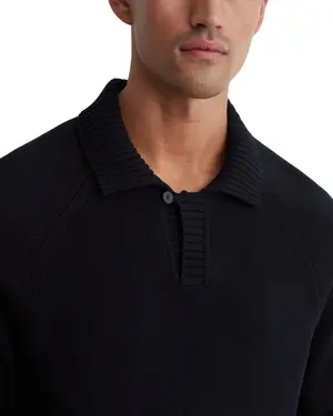 REISS Ashdown Cotton Open Collar Polo Sweater - Navy
