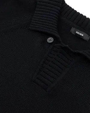 REISS Ashdown Cotton Open Collar Polo Sweater - Navy