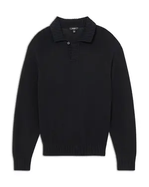 REISS Ashdown Cotton Open Collar Polo Sweater - Navy
