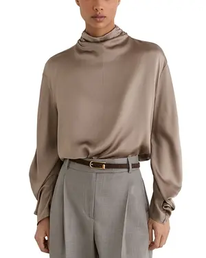REISS Meena High Neck Long Sleeve Silk Top - Neutral