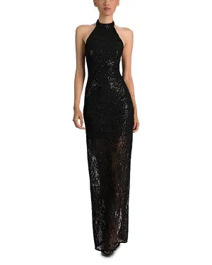 Alice + Olivia Koi Embellished Lace Halter Maxi Dress - Black