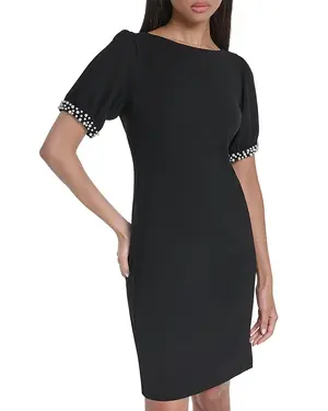 Karl Lagerfeld Paris Scuba Crepe Faux Pearl Trim Shift Dress - Black
