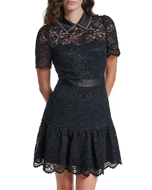 Karl Lagerfeld Paris Chenille Lace Scallop Hem Dress - Black