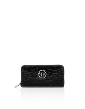 Philipp Plein Croco Embossed Round Zip Wallet - Black