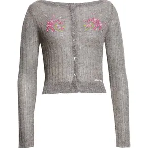 SHUSHU/TONG Beaded Floral Wool & Mohair Blend Cardigan - Grey