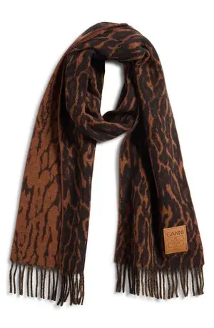 GANNI Leopard Jacquard Wool Scarf - Rawhide