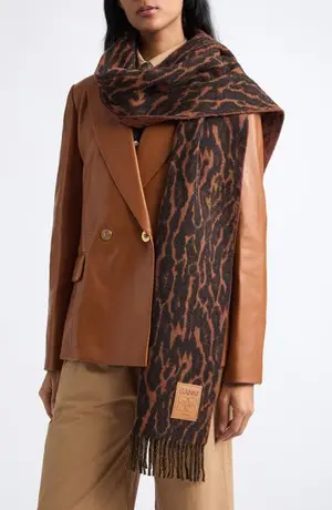 GANNI Leopard Jacquard Wool Scarf - Rawhide
