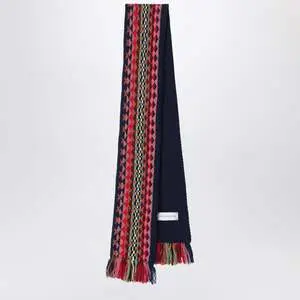 Dries Van Noten Navy Wool Scarf With Multicolour Jacquard Pattern - Blue