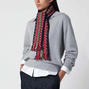 Dries Van Noten Navy Wool Scarf With Multicolour Jacquard Pattern